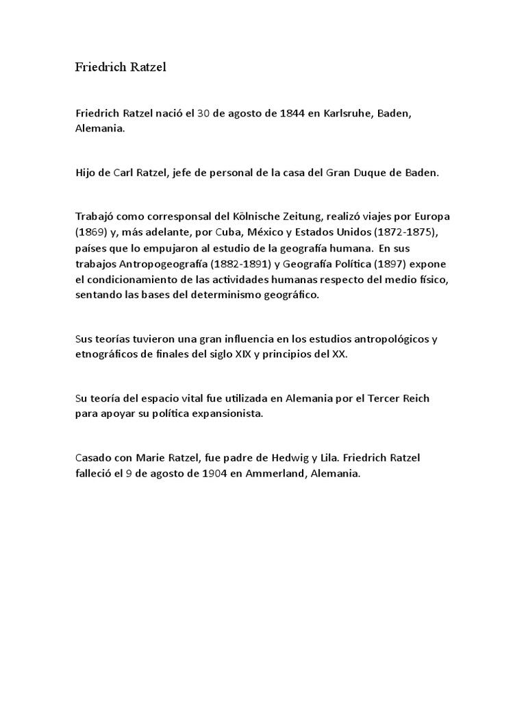 Biografía de Friedrich Ratzel y su geografía | PDF