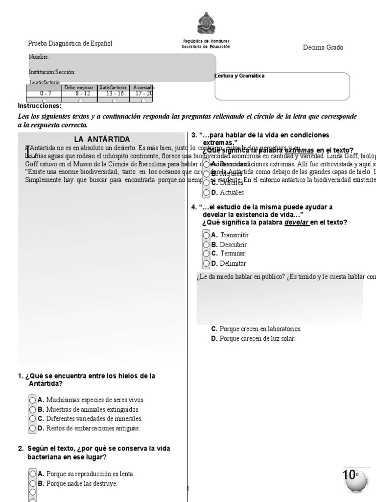 Prueba Diagnóstica de Español 10° Grado | PDF | Antártida | Teatro