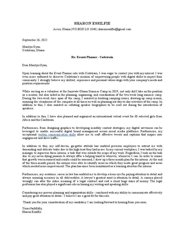 Events Planner Cover Letter | PDF | Communication | Business