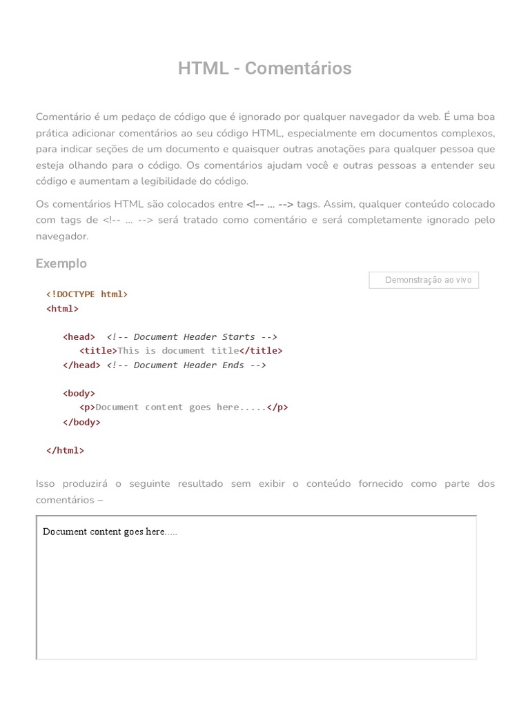 Como usar comentários no HTML para documentar e estruturar seu código | PDF | Script Java | Html