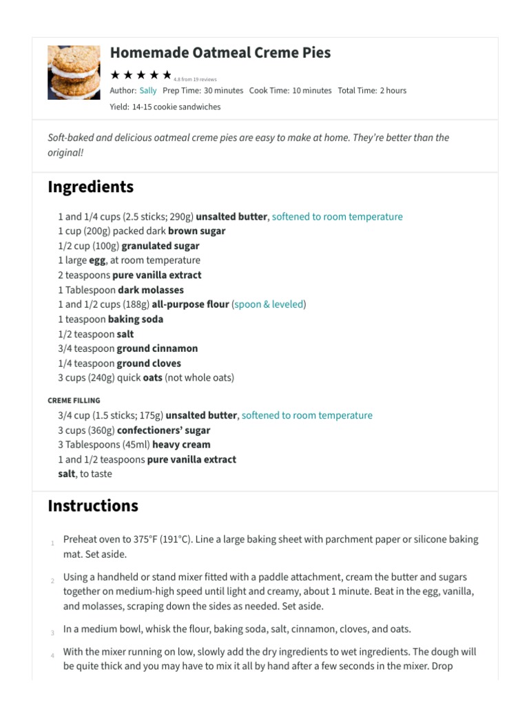Homemade Oatmeal Creme Pies - Sally's Baking Addiction | PDF | Teaspoon | Oatmeal
