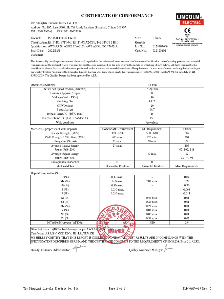 Certificate of Conformance | PDF | Materials | Physical Sciences
