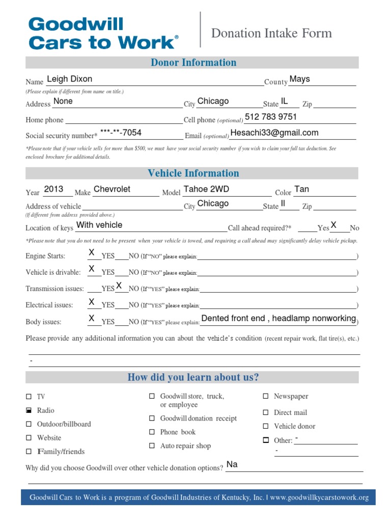 Car Vehicle Donation Intake Form | PDF | Vehicles | Vehicle Technology