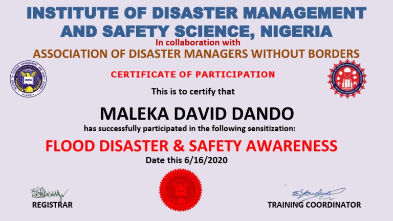 Certificate For MALEKA DAVID DANDO For - Flood Disaster Safety | PDF