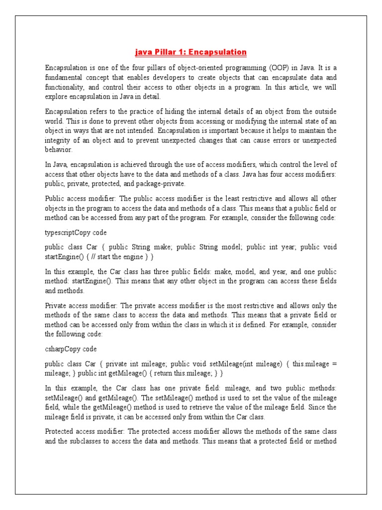 Java Pillar 1 Encapsulation Pdf Method Computer Programming Class Computer Programming 