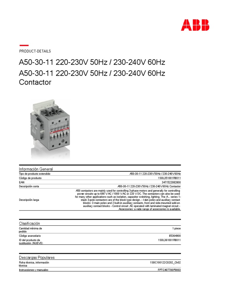 Contactor ABB A50-30-11 220-240V | PDF | Electrónica | Bienes ...