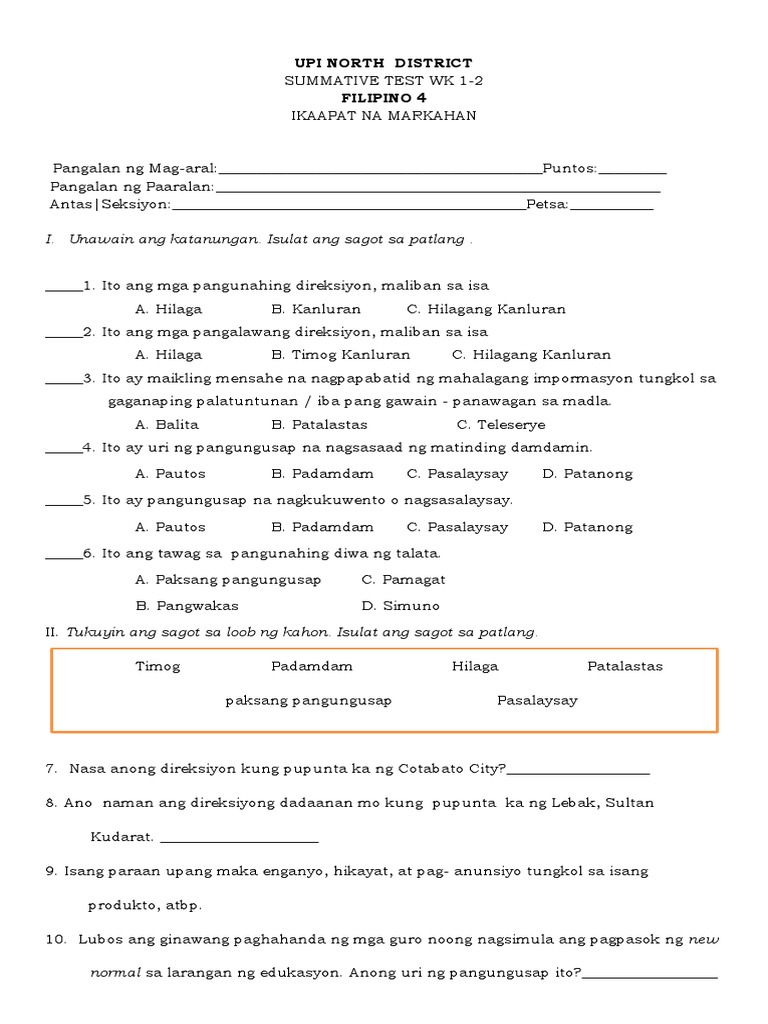 Filipino 4 Summative Test Q4 - WK1 2 | PDF