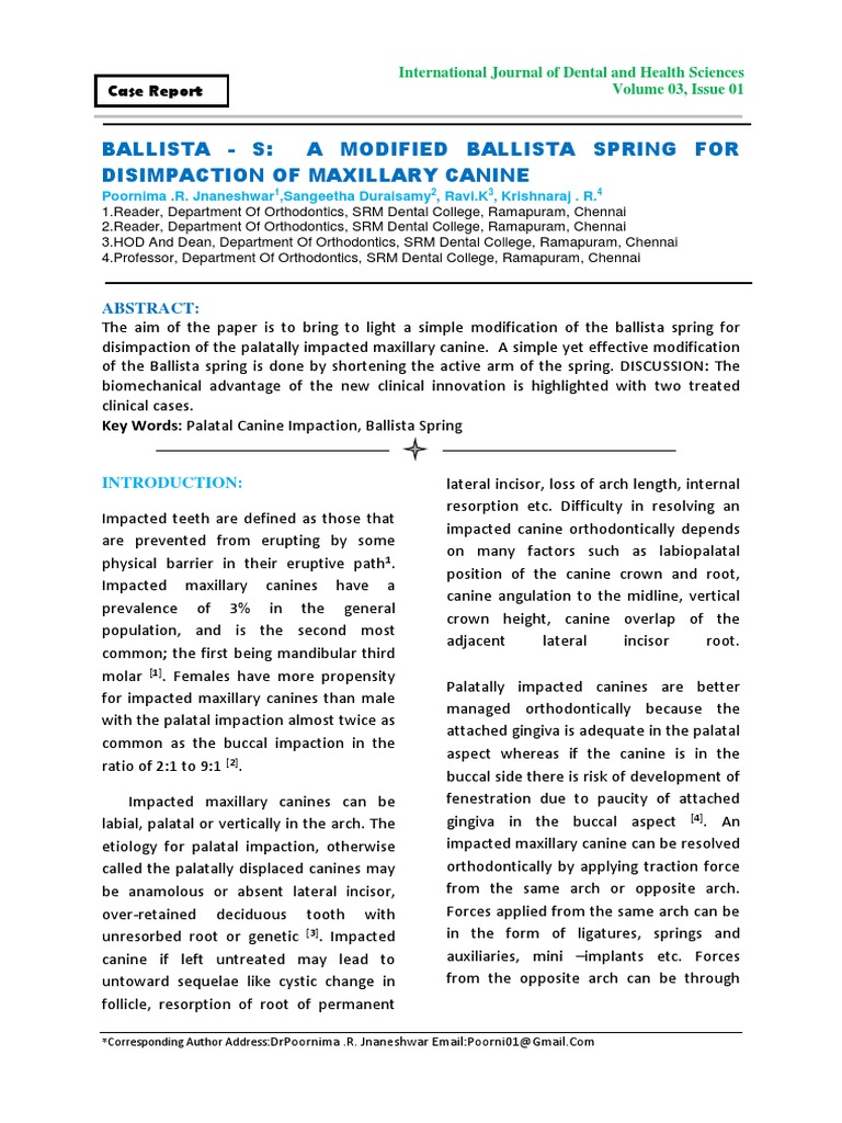 Modified Ballista Spring for Canine Disimpaction | PDF | Tooth | Human ...