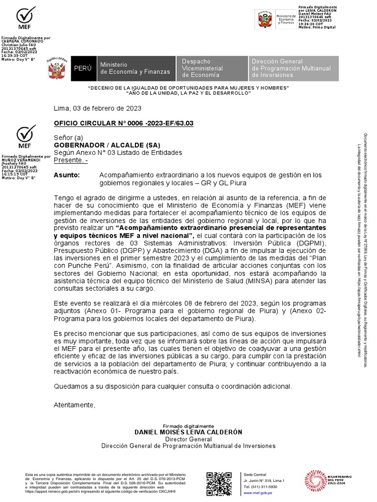 Oficio Circular 0006 2023 EF 63.03 - F | PDF | Presupuesto | Perú