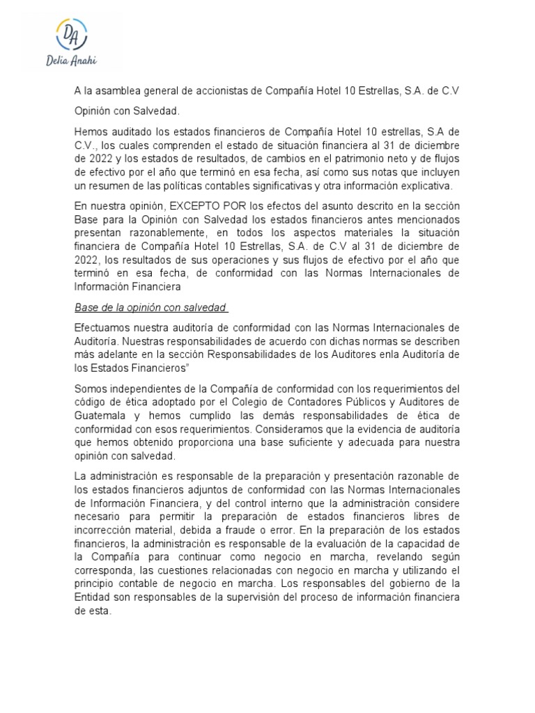 Opinion Con Salvedad | PDF | Auditoría | Estado financiero