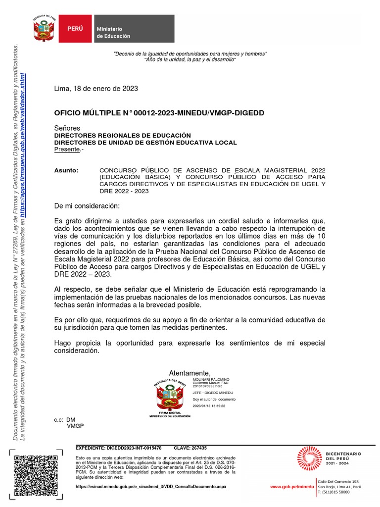 Oficio - Multiple 00012 2023 Minedu VMGP Digedd | PDF