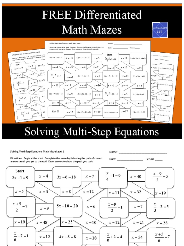 FREE Differentiated Math Mazes: Solving Multi-Step Equations | PDF ...