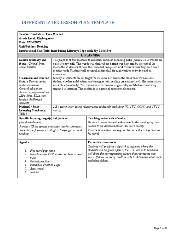 Differentiated Lesson Plan February 4th 1 1 | PDF | Classroom | Lesson Plan