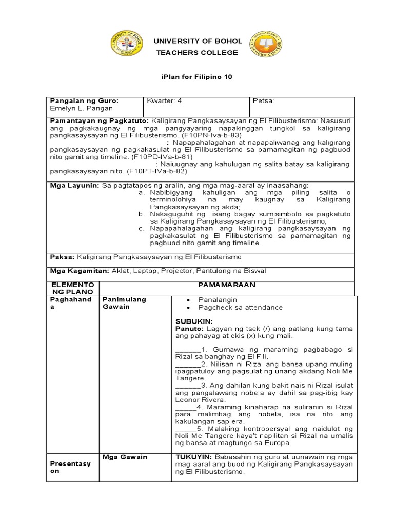 IPlan12 Grade 10 El Filibusterismo | PDF