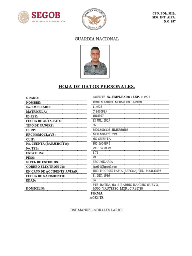 Hoja de Datos Personales Aeropuerto | PDF