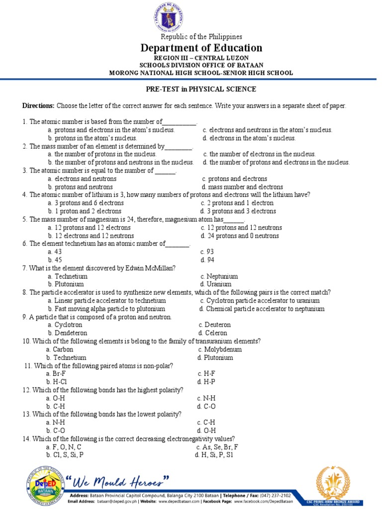 Pretest in Physical Science | PDF | Chemical Reactions | Reaction Rate