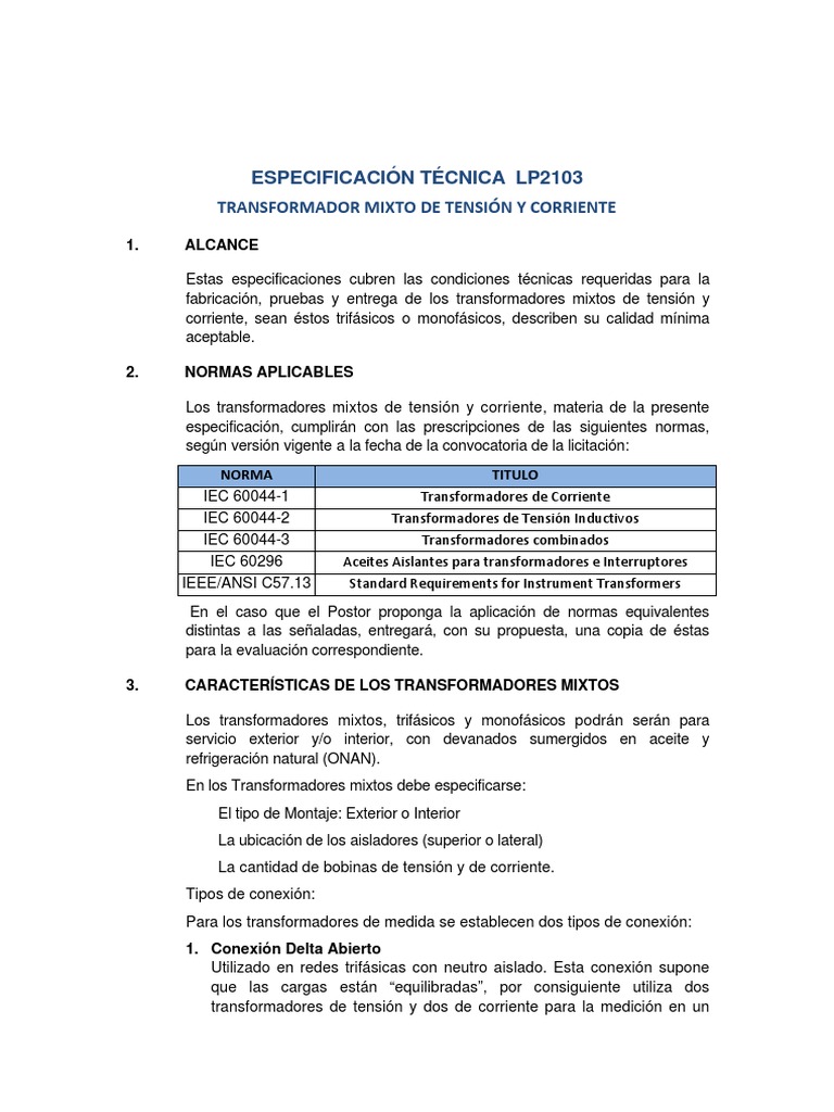 Especificación Técnica Lp2103: Transformador Mixto de Tensión Y ...