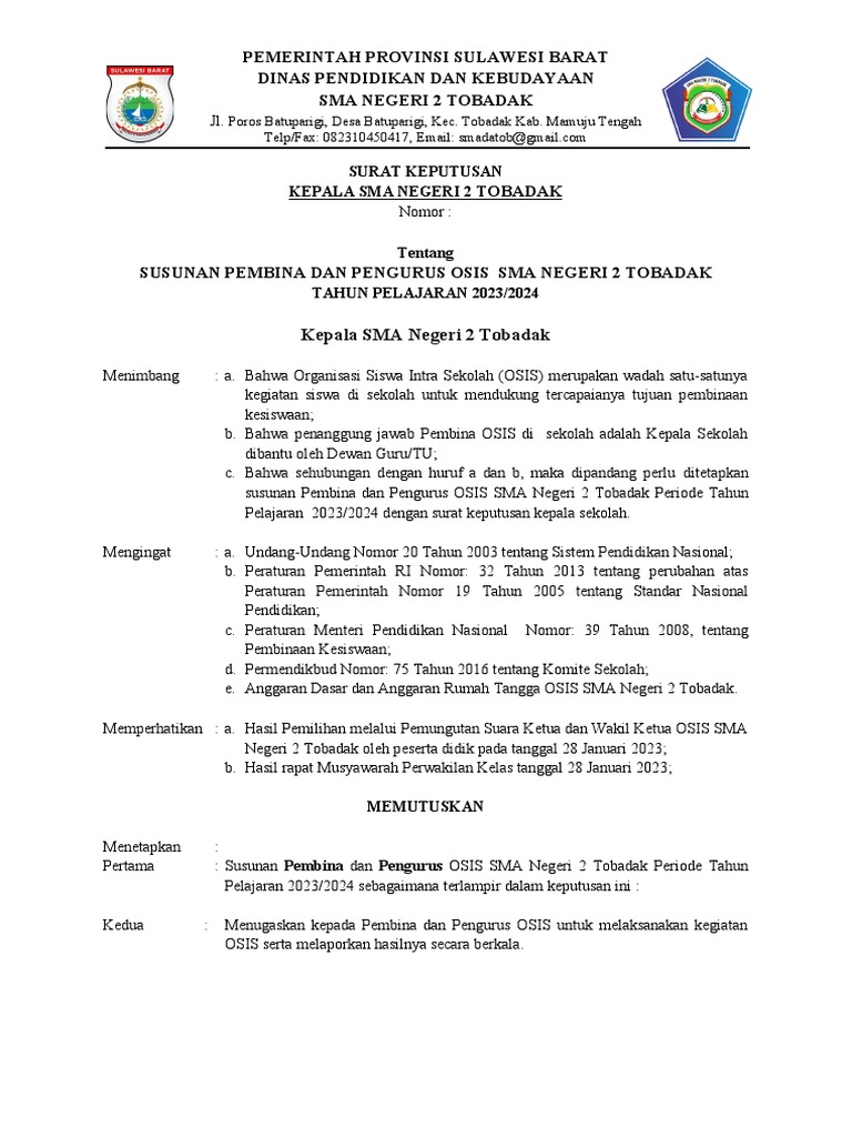 SURAT KEPUTUSAN PENGURUS OSIS | PDF