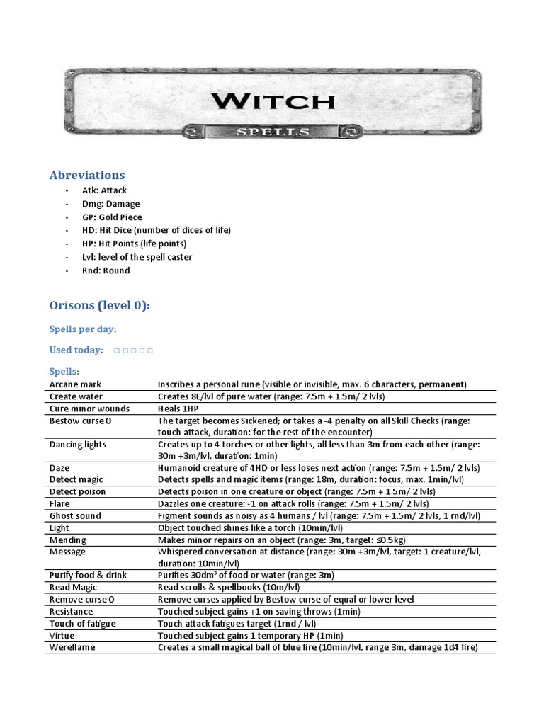 Witch Spell List | PDF