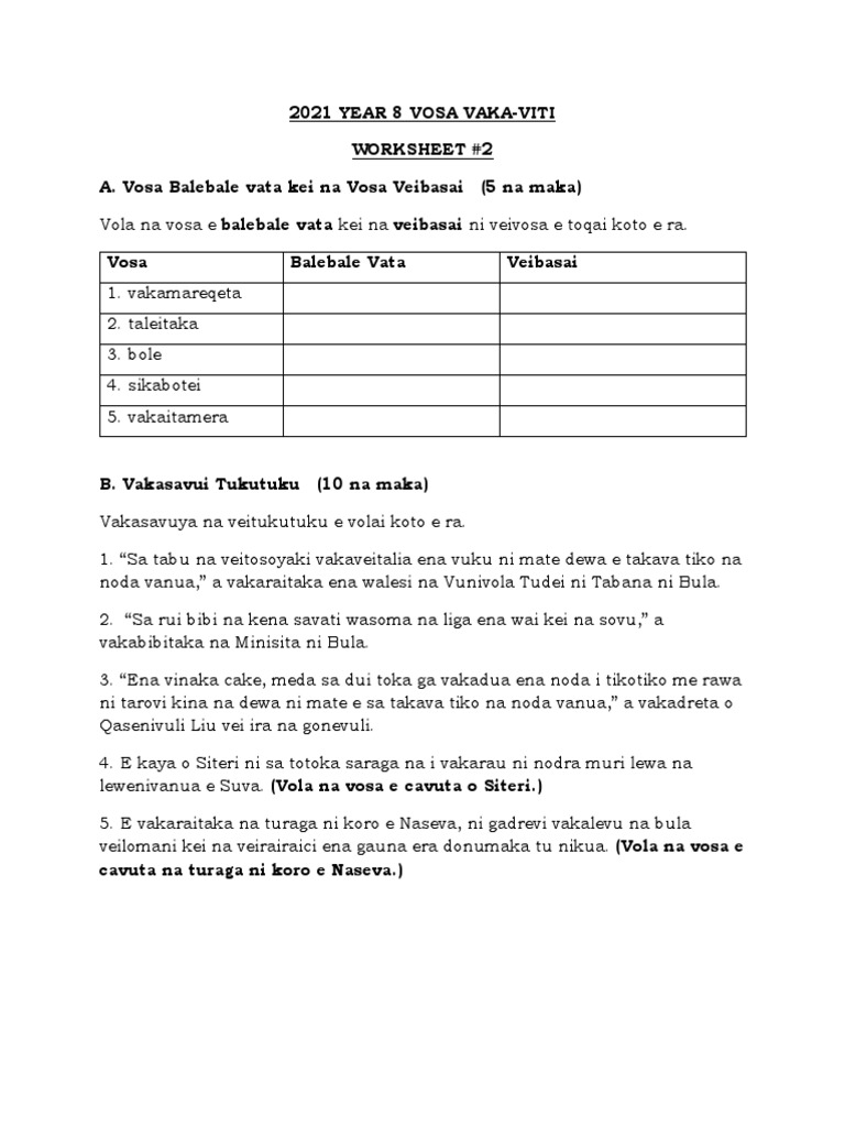 2021 - Year 8 Vosa VakaViti - WORKSHEET 2-2 | PDF