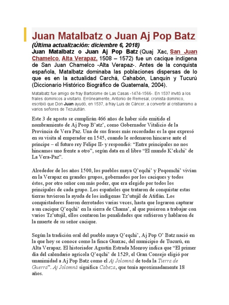 HISTORIA Juan Matalbatz o Juan Aj Pop Batz | PDF | America latina ...