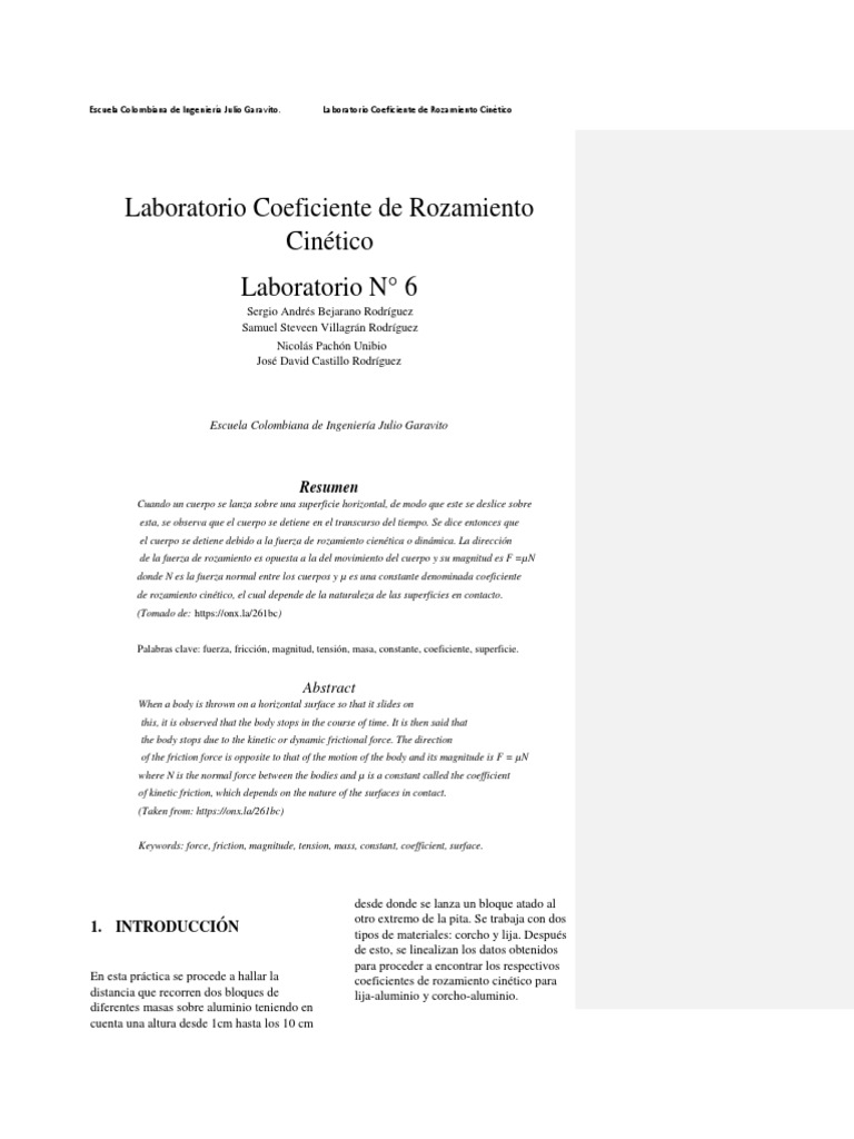 Laboratorio Vi - Coeficiente de Rozamiento Cinético | PDF | Fricción | Ciencia de la superficie