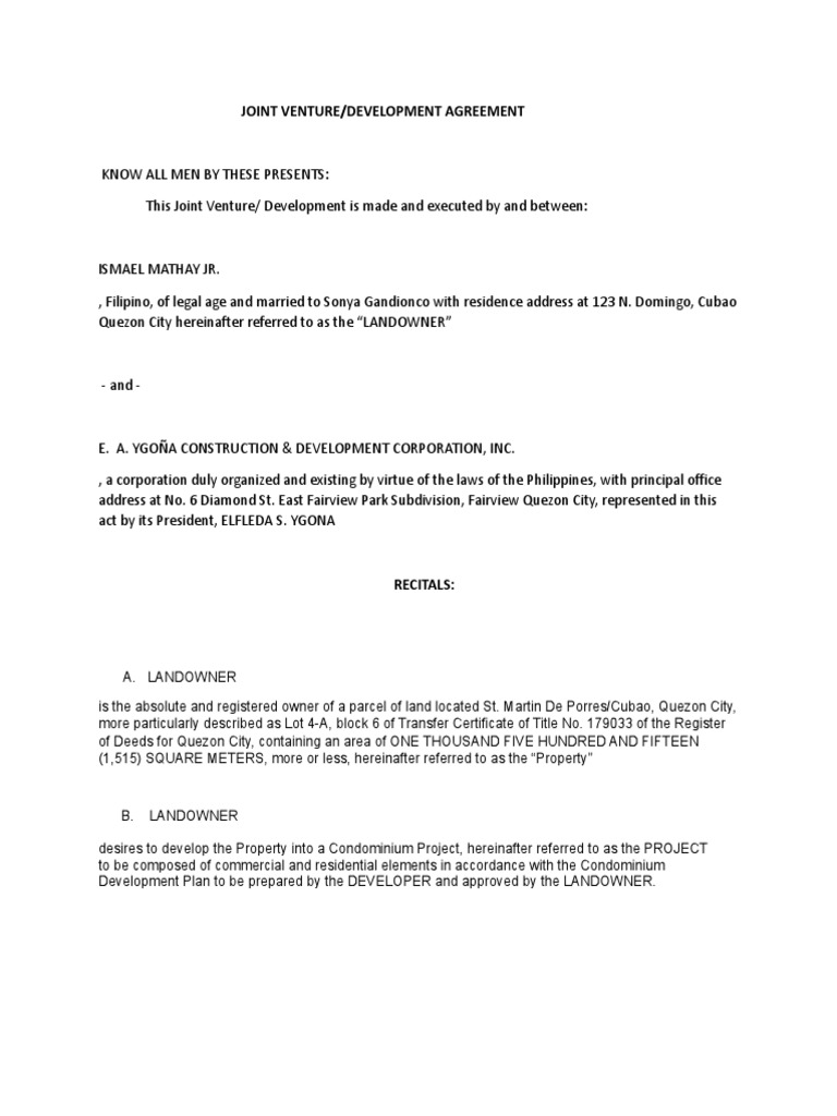 JOINT VENTURE Agreement | PDF | Condominium | Natural Resources Law