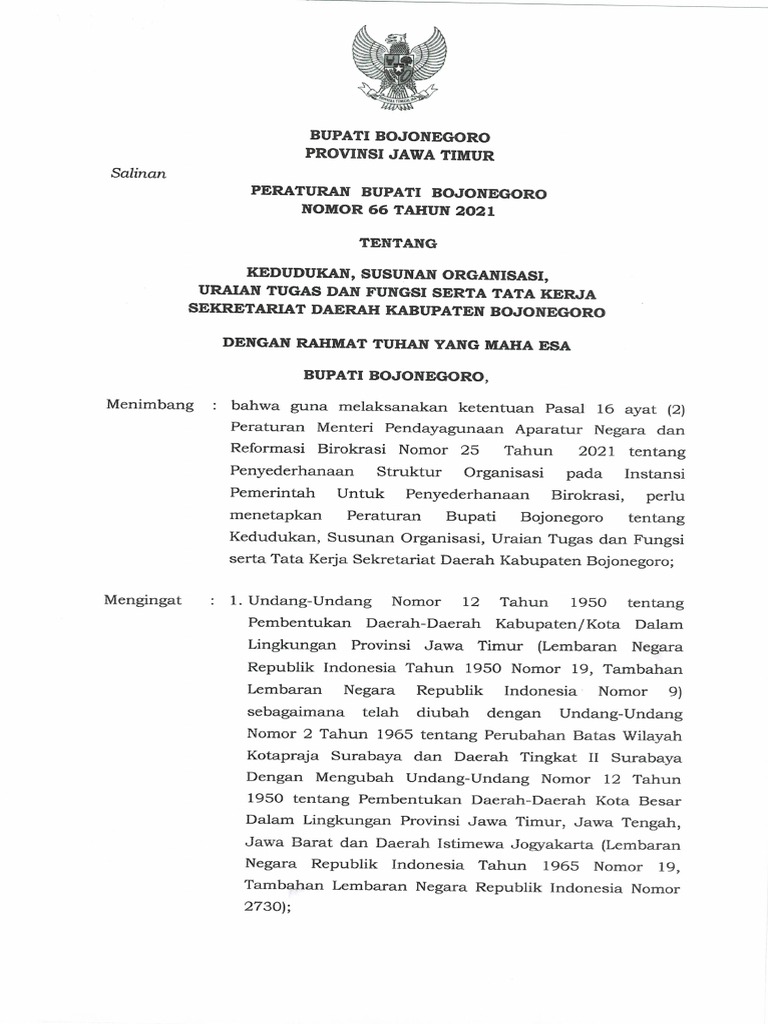Perbup 66 Tahun 2021 SOTK Sekretariat Daerah | PDF