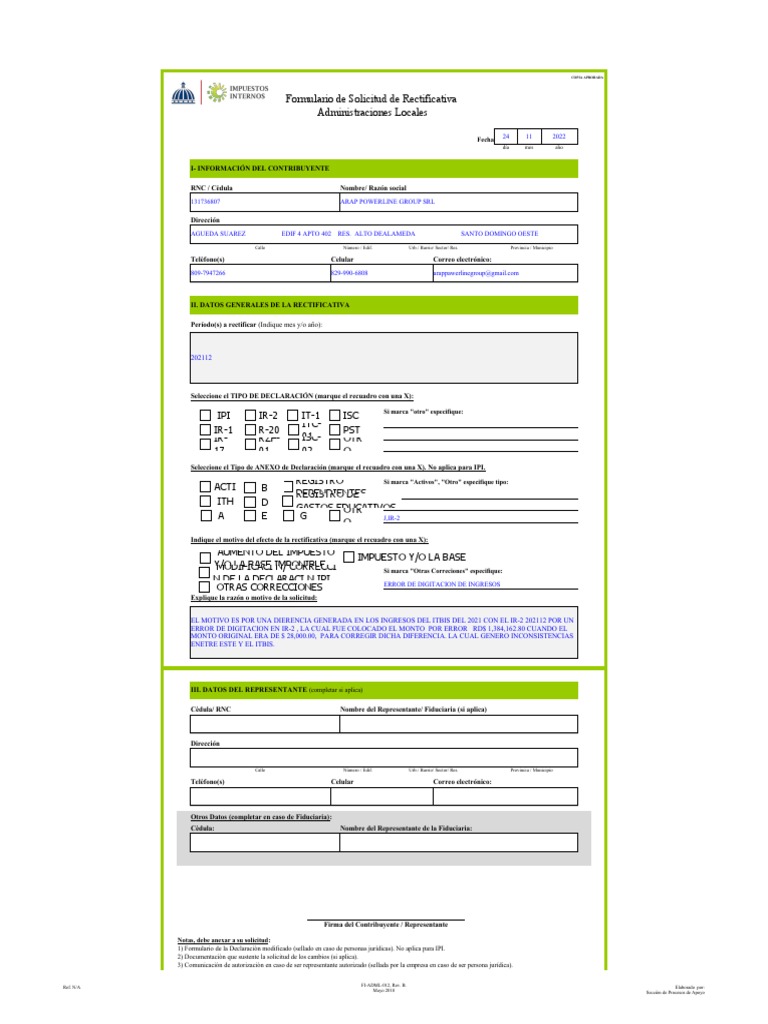 FI-ADML-012-Formulario Solicitud de Rectificativa, Rev. B | PDF