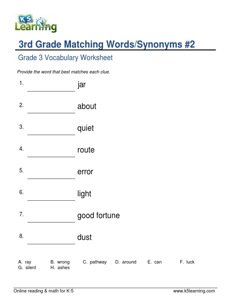 Grade 3 Synonyms Matching Worksheet | PDF | Language Arts & Discipline ...