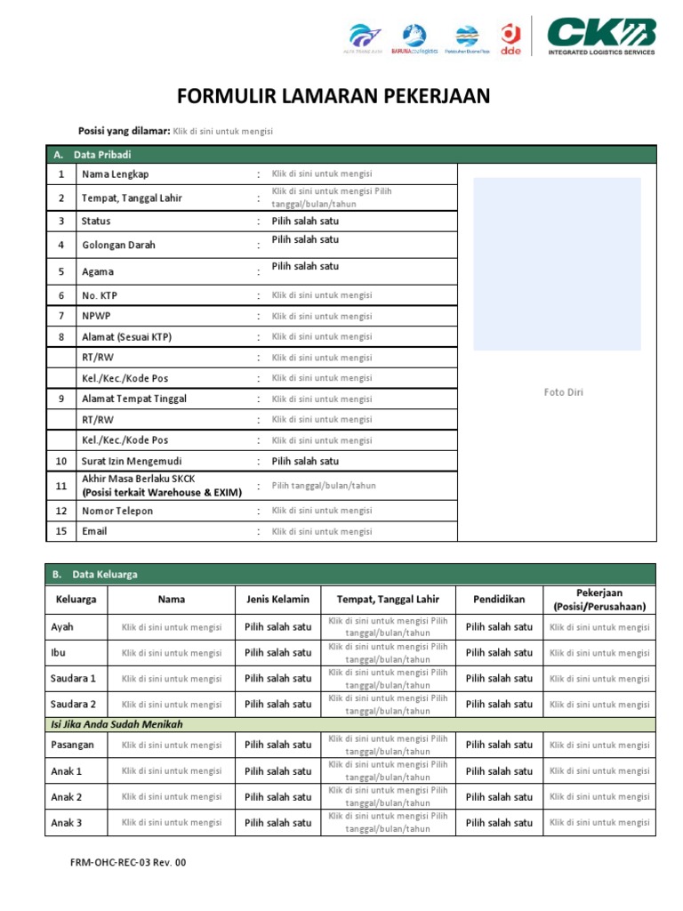 FRM-OHC-REC-03 Rev. 00 Formulir Lamaran Kerja CKB | PDF
