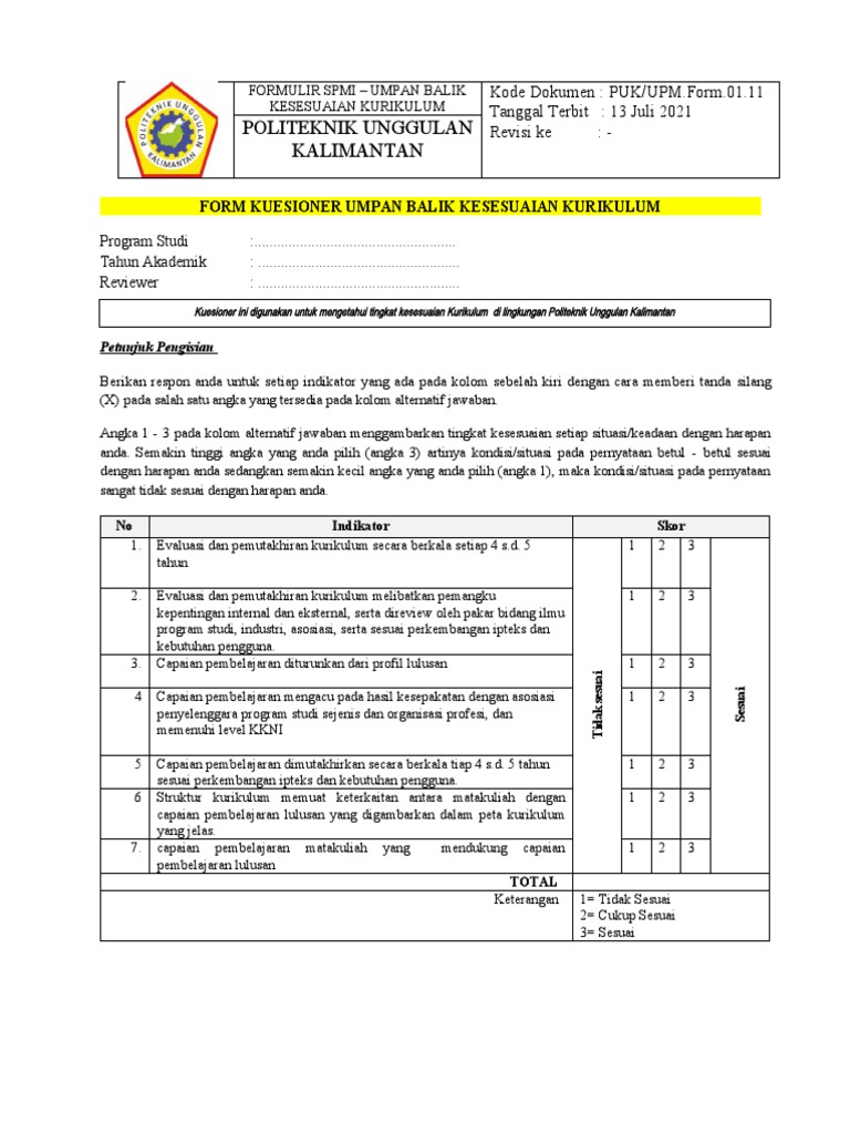 Form Kuesioner Umpan Balik Kurikulum | PDF