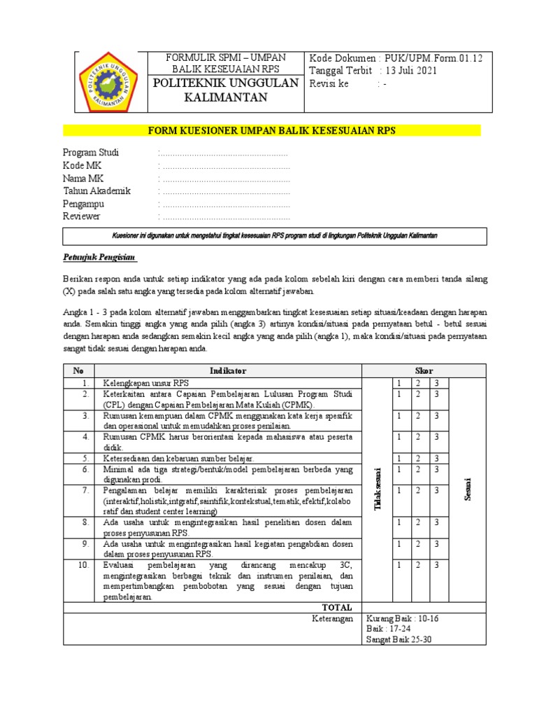 Form Kuesioner Umpan Balik RPS | PDF