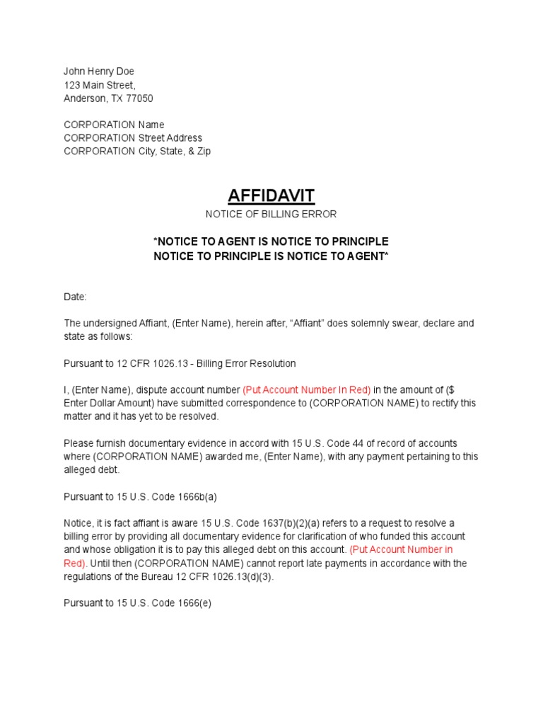 Billing Error Notice Template | PDF | Affidavit | Notary Public