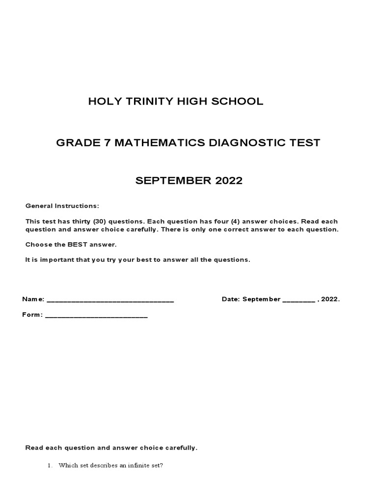 Grade 7 Math Diagnostic Test 2022 | PDF | Triangle | Euclidean Geometry