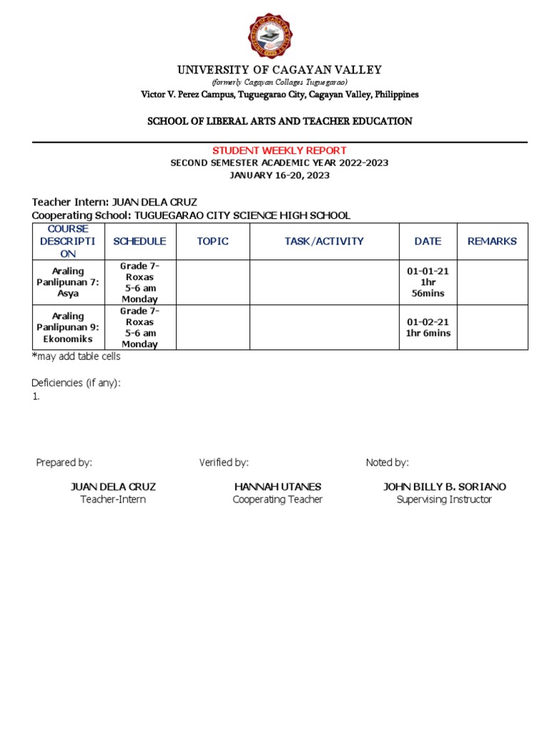 Student Weekly Report Template | PDF