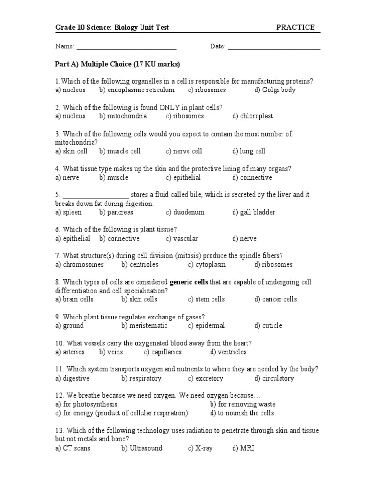 Grade 10 Science: Biology Unit Test Practice | PDF | Cell (Biology ...
