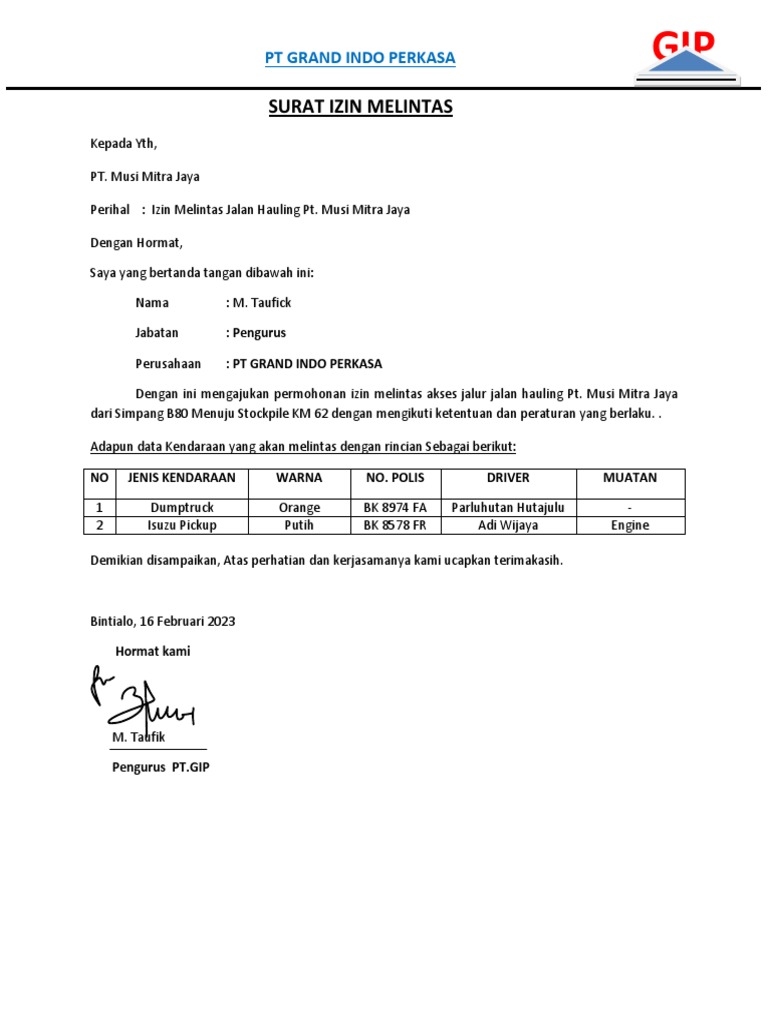 Surat Permohonan Ijin Melintas | PDF