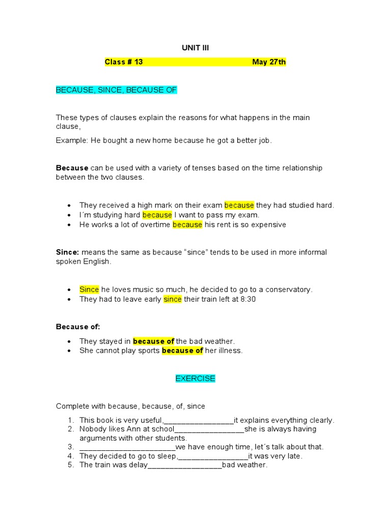 Class # 13 Because, Since, Because of | PDF | Grammar | Linguistics