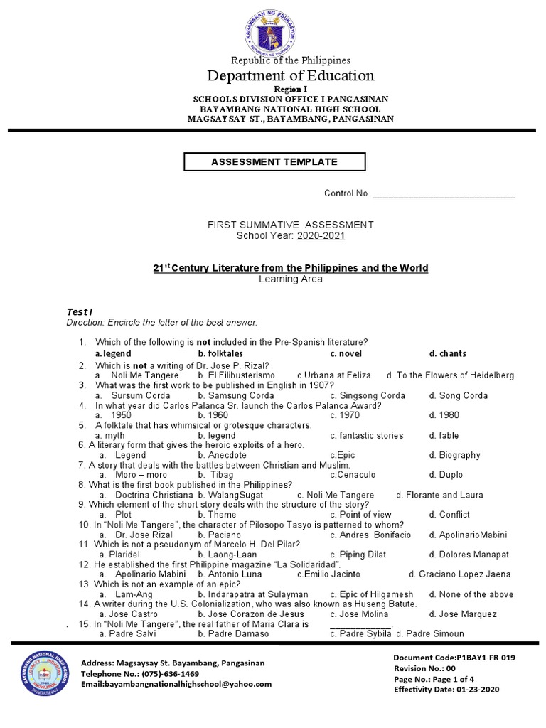 First Summative Assessment: 21st Century Literature | PDF | Poetry