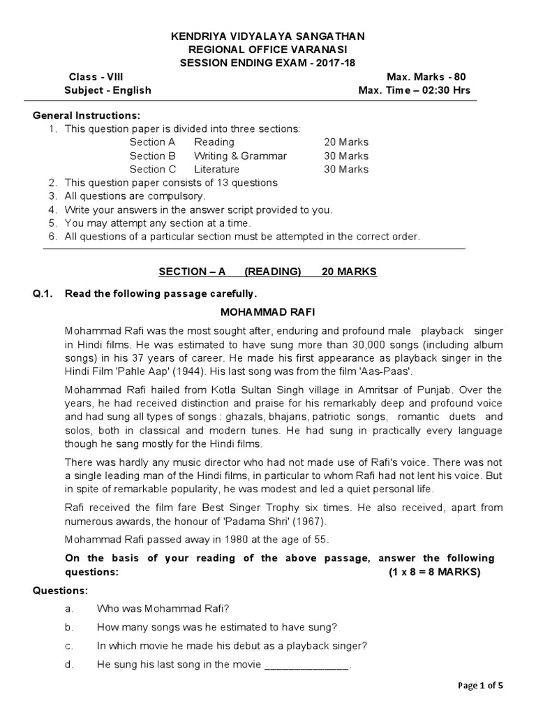 Class Viii English Annual Exam 2017 18 | PDF