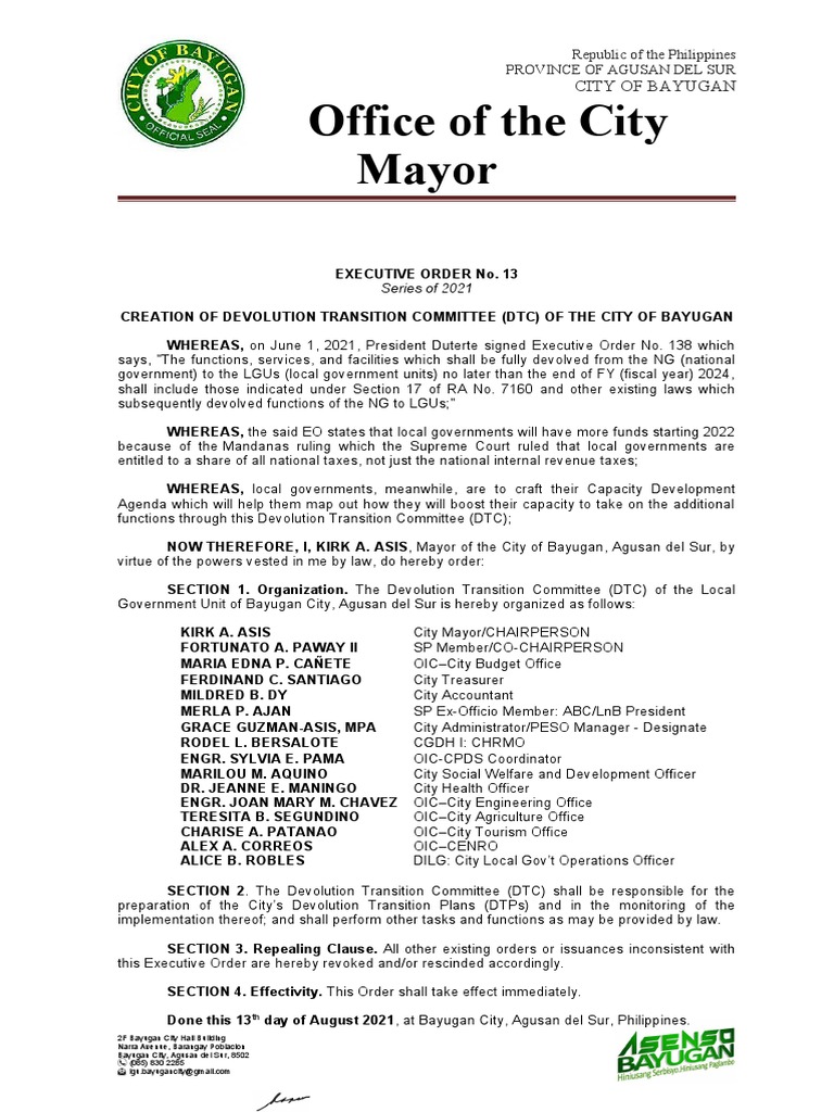 EO 13 Devolution Transition Committee | PDF | Government | Governance