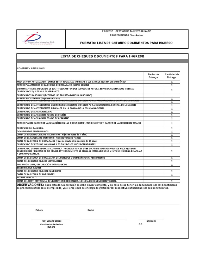 Lista de Chequeo de Documentos para Ingreso de Personal | Descargar ...