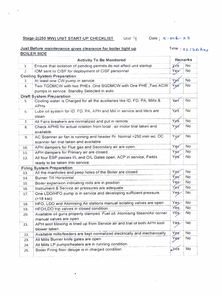 U9 05022023 Startup Checklist | PDF | Pump | Boiler