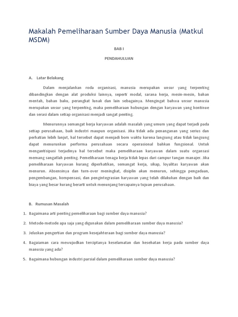 Makalah Pemeliharaan Sumber Daya Manusia (Matkul MSDM) : Bab I Pendahuluan | PDF | Pengembangan Diri