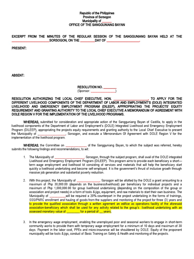Resolution Authorizing the Local Chief Executive to Apply for DOLE's ...