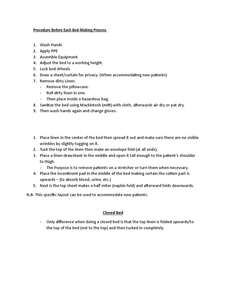 Procedures of Bed Making | PDF