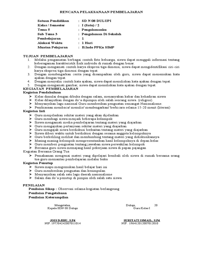 Rpp 1 Lembar Kelas 1 Tema 5 Subtema 3 P1 Pdf