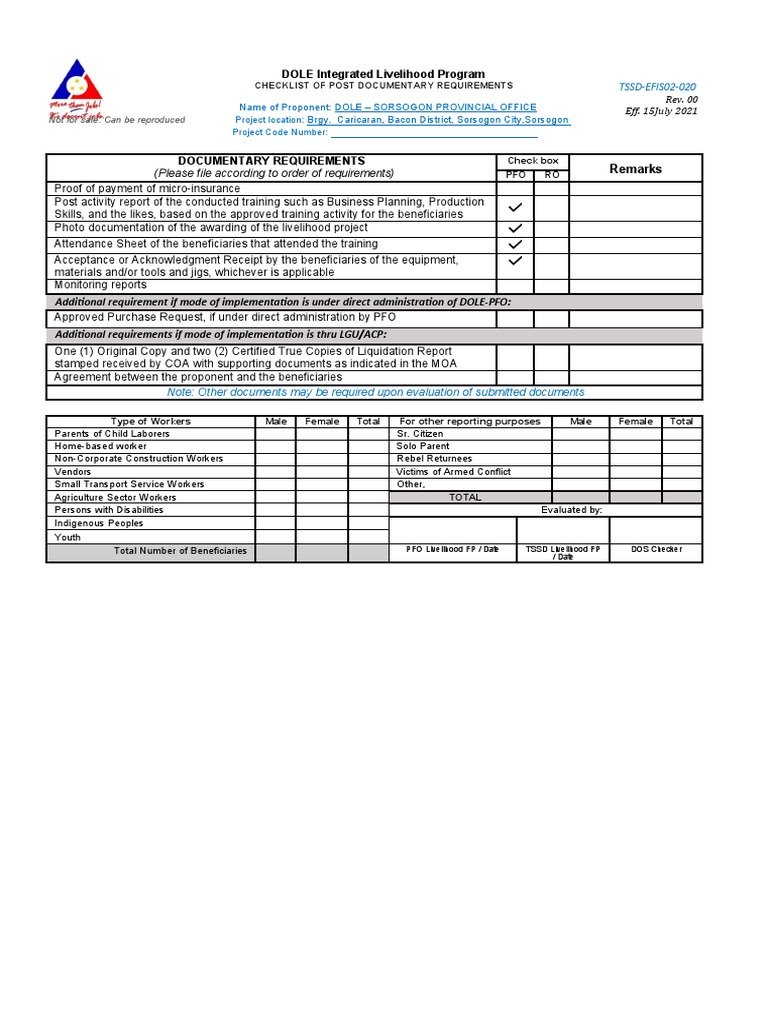DOLE Livelihood Program Documentary Checklist | PDF
