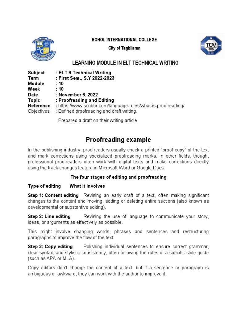 ELT 9 Learning Module 10 Proofreading and Editing | PDF | Proofreading | Editing